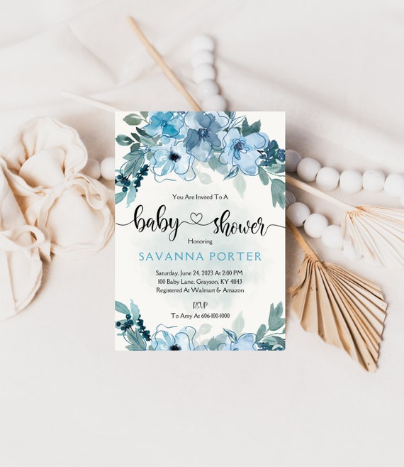 Blue Watercolor Floral Baby Shower Invitation Digital - Etsy