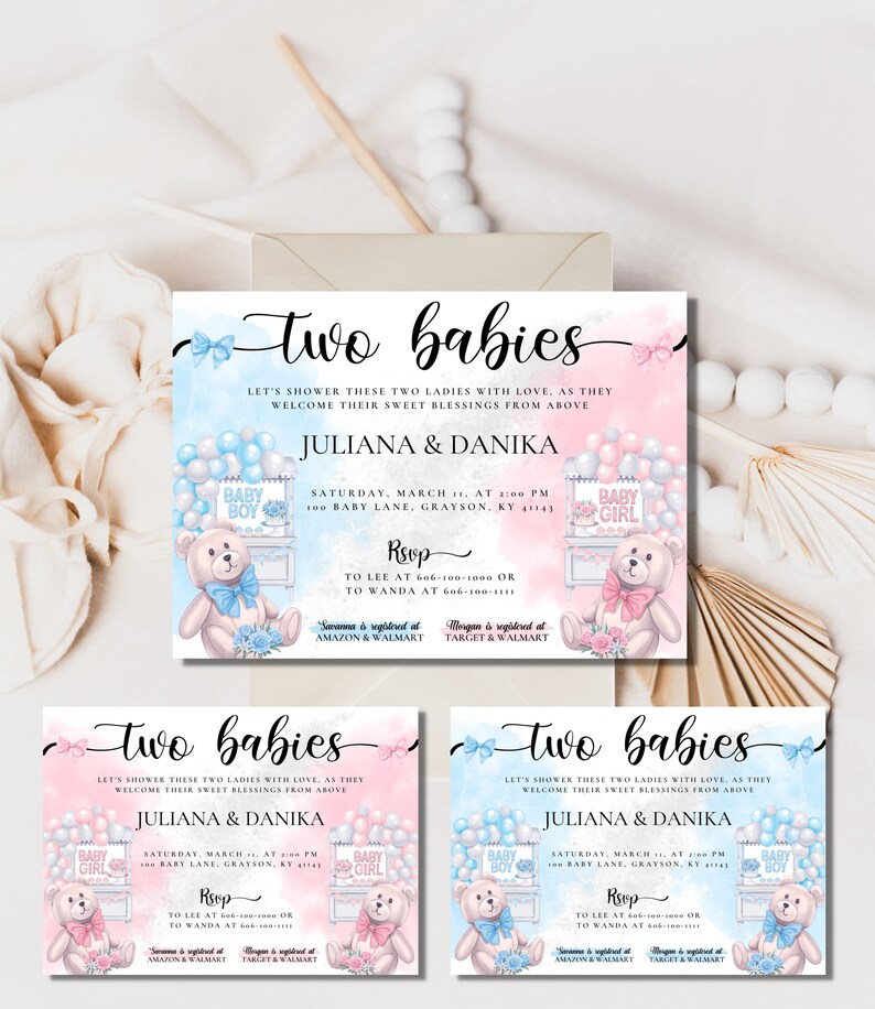 Pink & Blue Watercolor Teddy Bear Double Baby Shower - Etsy