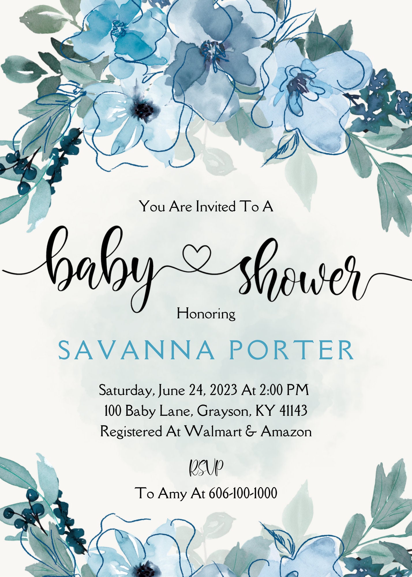 Blue Watercolor Floral Baby Shower Invitation Digital - Etsy