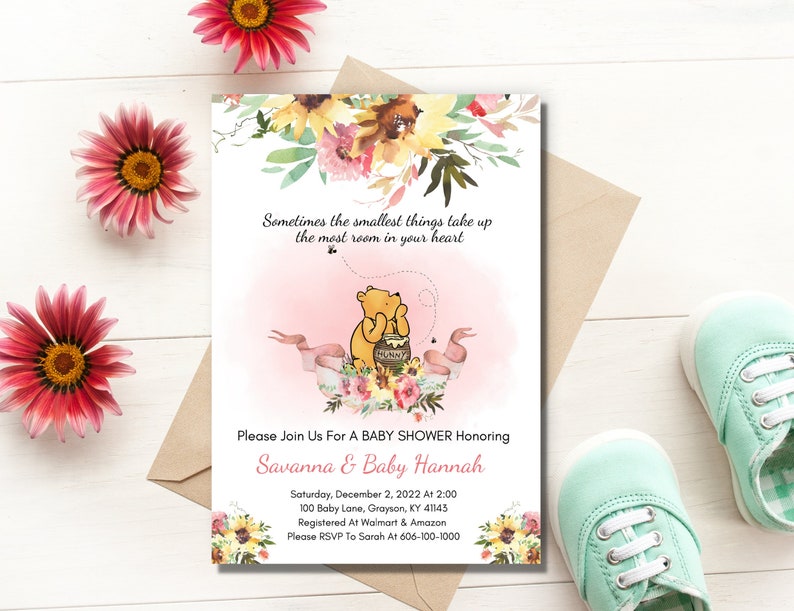 Pink Floral and Sunflower Watercolor Classic Winnie the Pooh | Etsy