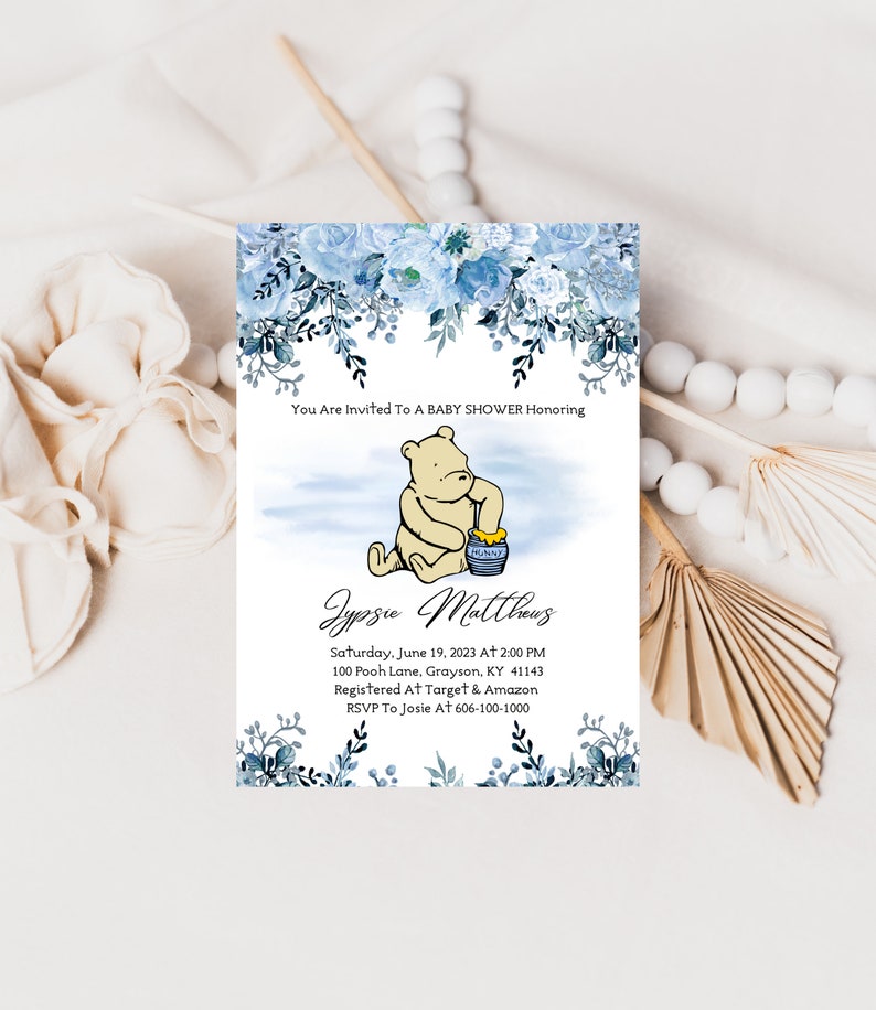 Blue Floral Classic Winnie the Pooh Baby Shower Invitation, Boy Baby ...