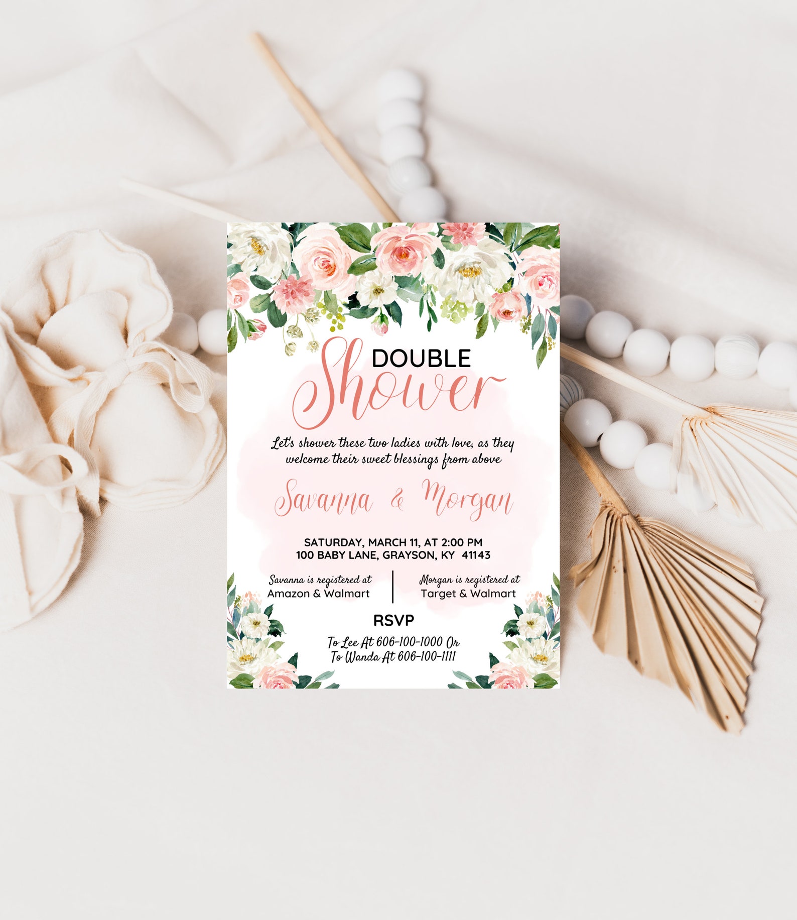 Pink Watercolor Floral Double Baby Shower Invitation, Joint Baby Shower ...