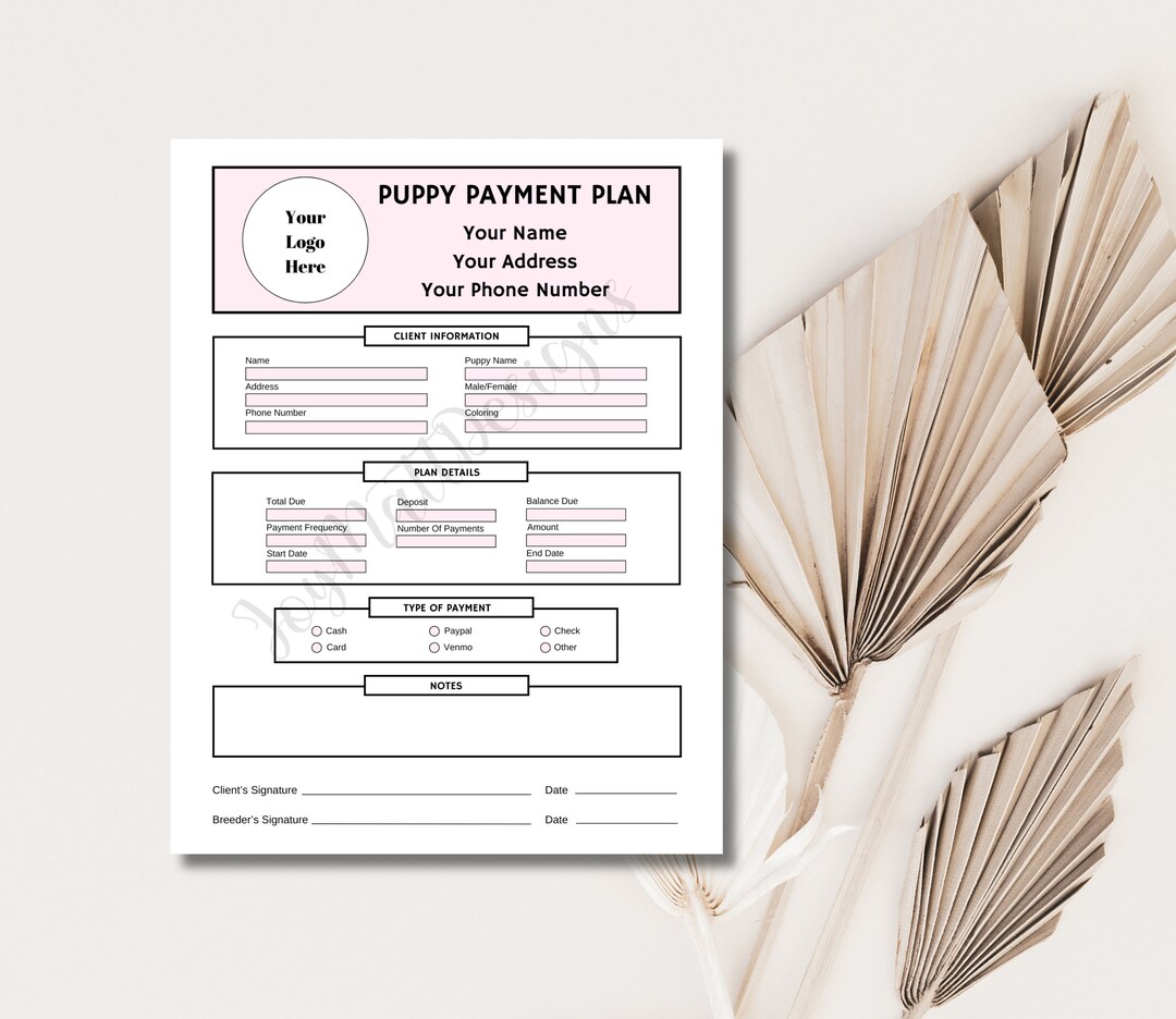Personalized Puppy Payment Plan, Breeder Forms, Puppy Invoice, New Dog ...