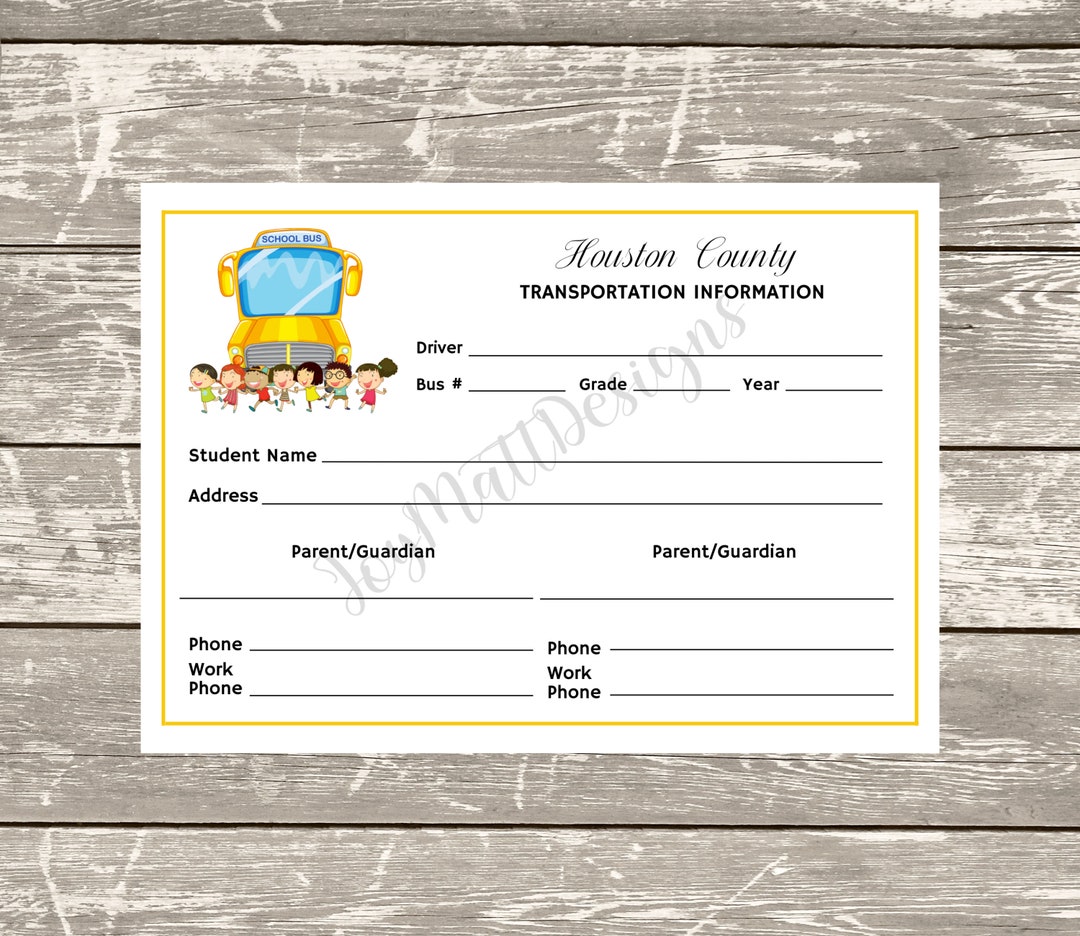 Personalized School Bus Transportation/ Student Information Card ...