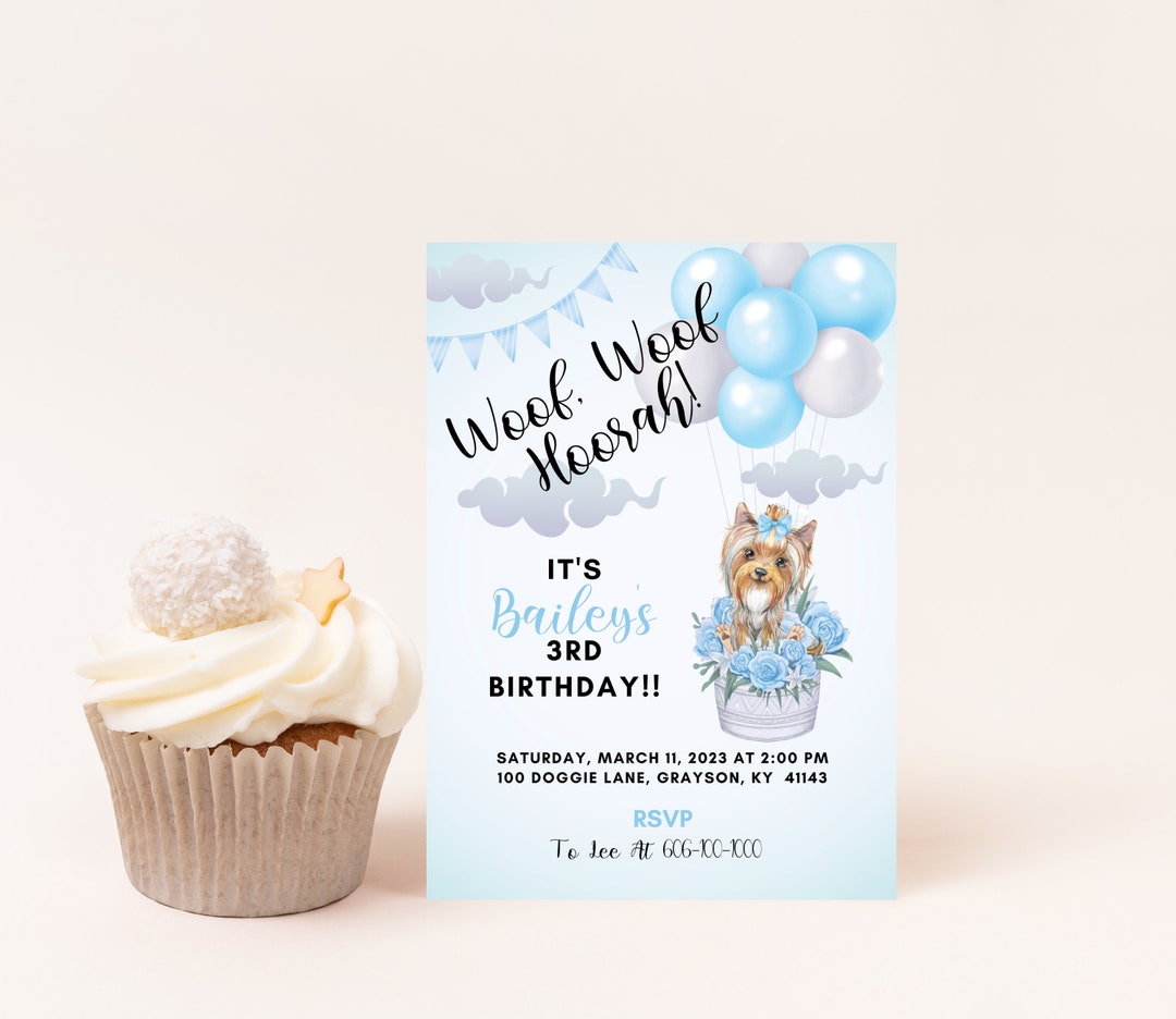 Woof Woof Hooray! Yorkshire Terrier Birthday Invitation, Boy Yorkie ...