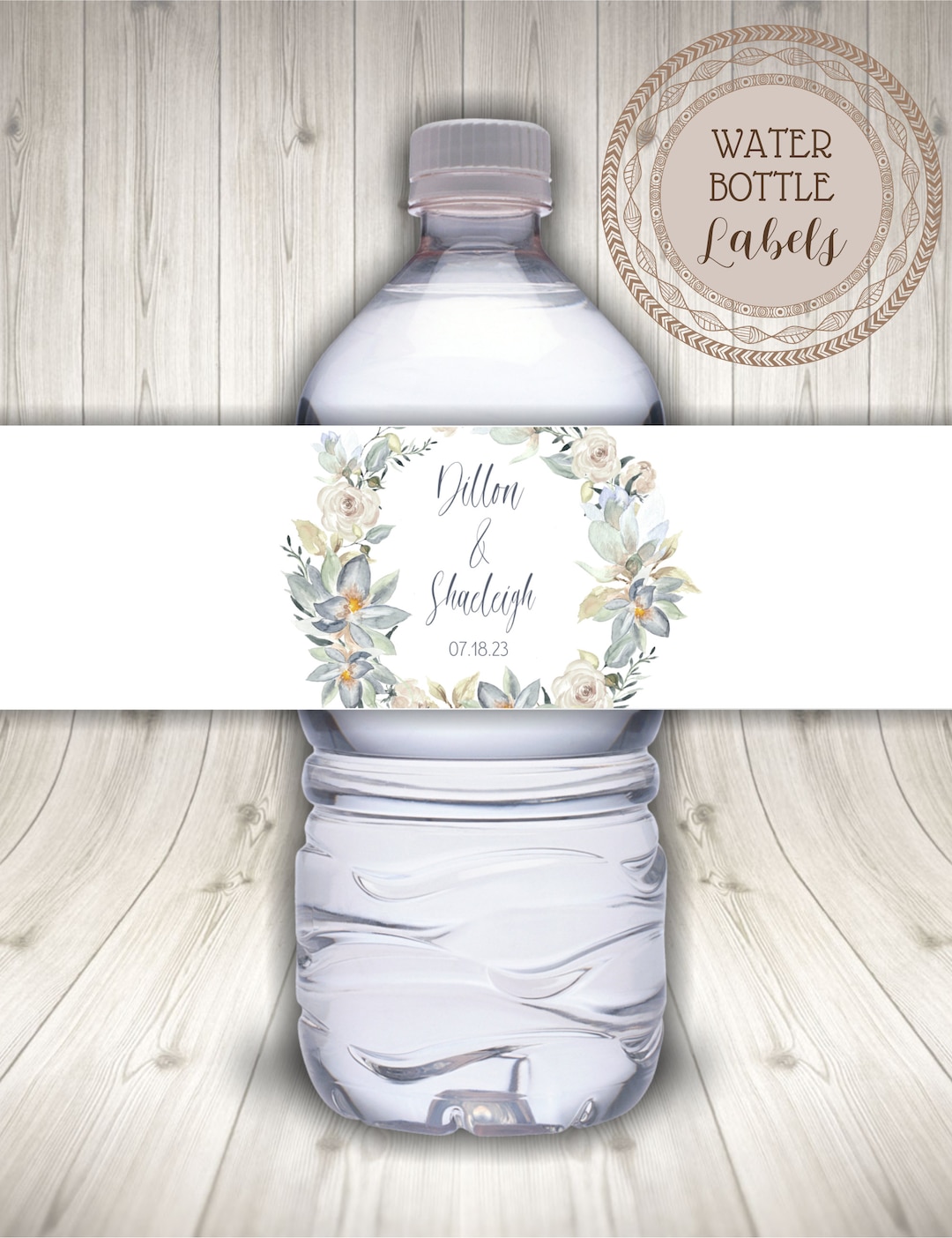 Watercolor Dusty Blue Wedding Water Bottle Labels, Personalized Digital ...