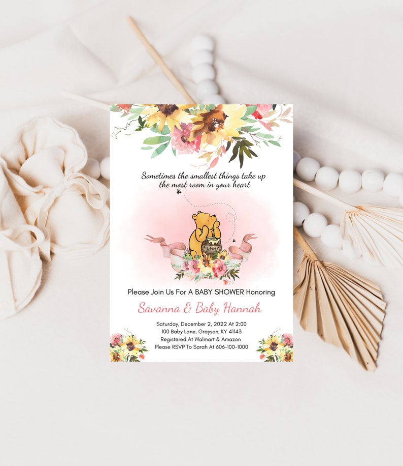 Pink Floral and Sunflower Watercolor Classic Winnie the Pooh | Etsy