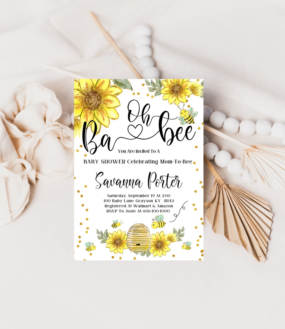 Oh Ba-bee Baby Shower Invitation, Watercolor Sunflowers, Gender Neutral ...