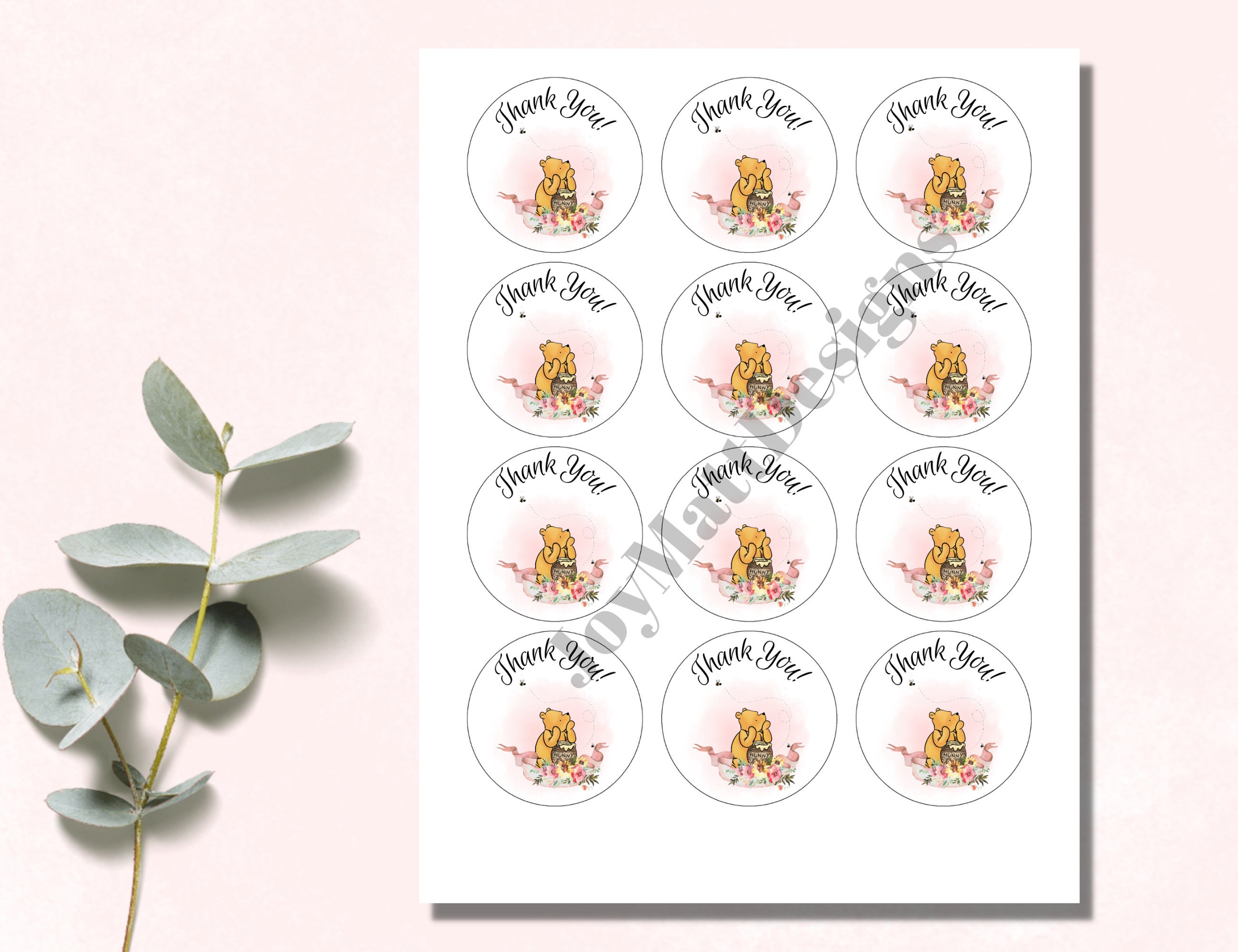 Classic Winnie the Pooh Baby Shower Stickers, Thank You Stickers, Pink ...