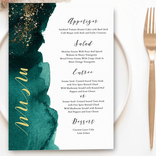 Wedding Menu Template Emerald Green and Gold Watercolor - Etsy