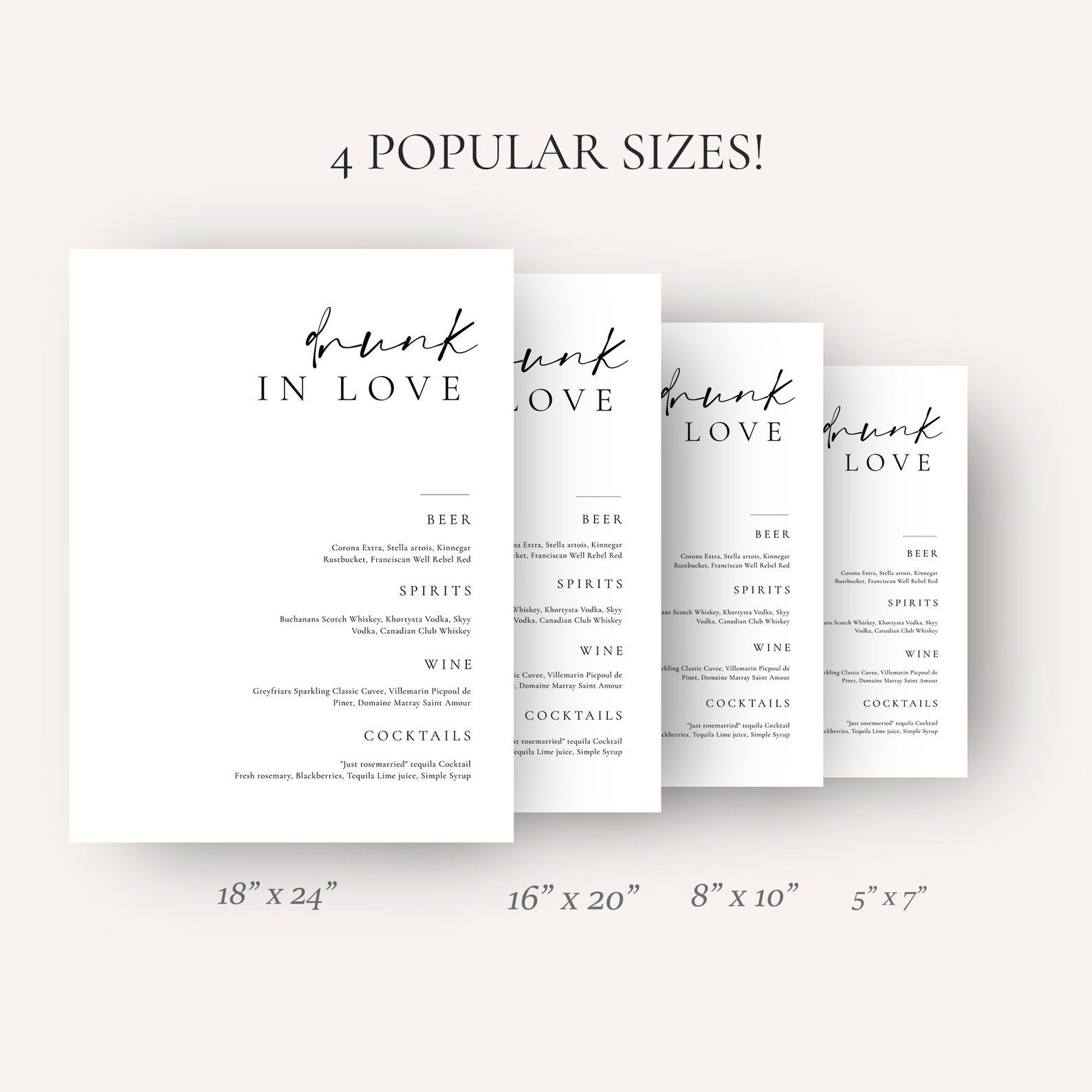 Printable Bar Menu Sign Large & Small Drinks Menu Template - Etsy