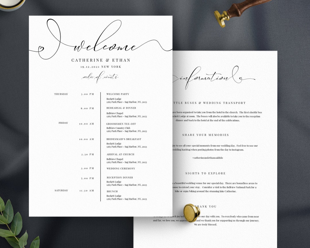 Wedding Program Timeline Template, Elegant Calligraphy Wedding Program ...