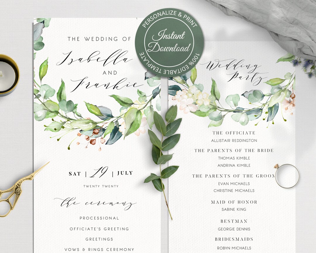 Wedding Program Template Green Wedding Program Download - Etsy