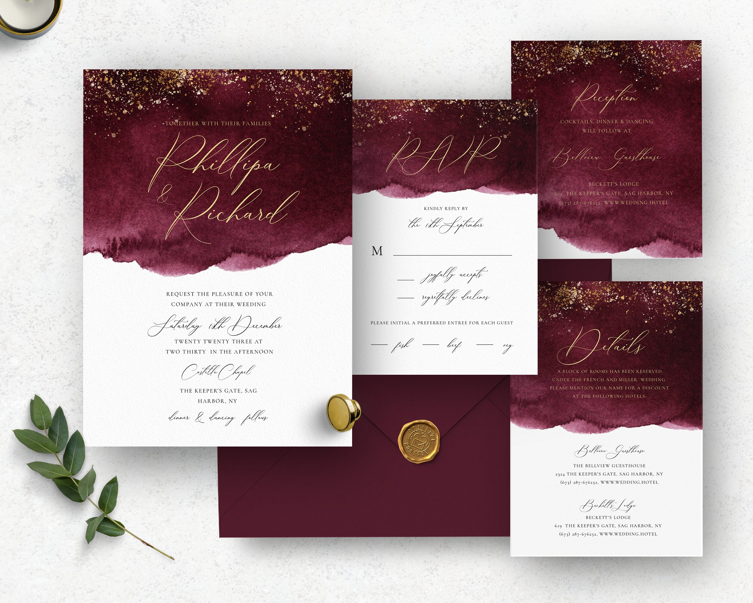 Burgundy and Gold Wedding Invitation Set Printable Invitation | Etsy