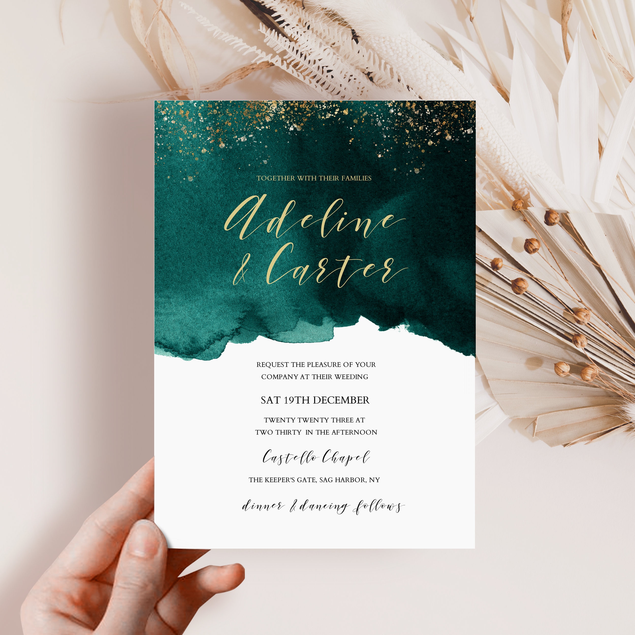 Emerald Green & Gold Wedding Invitation Template Editable - Etsy