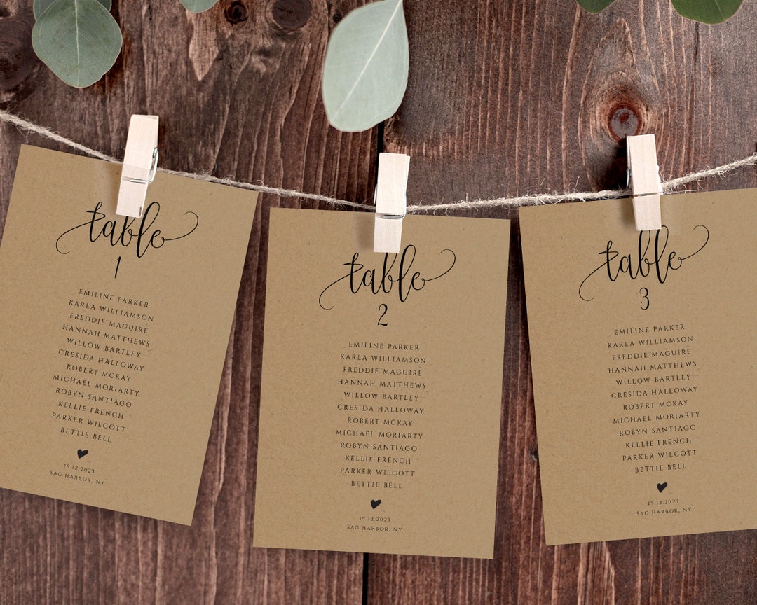 Rustic Wedding Seating Cards Template, Table Numbers With Names, Kraft ...