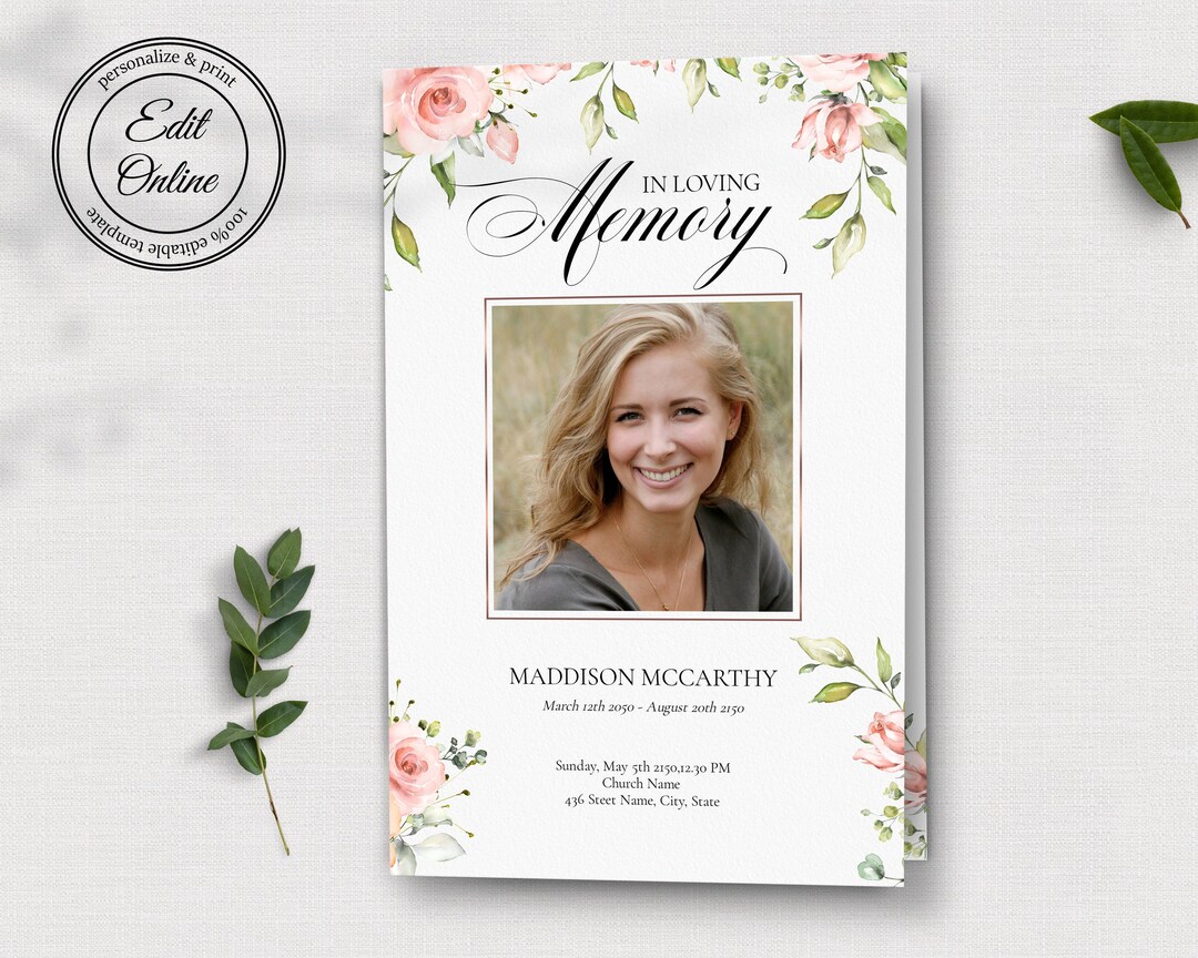 Editable Funeral Program Template, Pink Roses Funeral Program ...