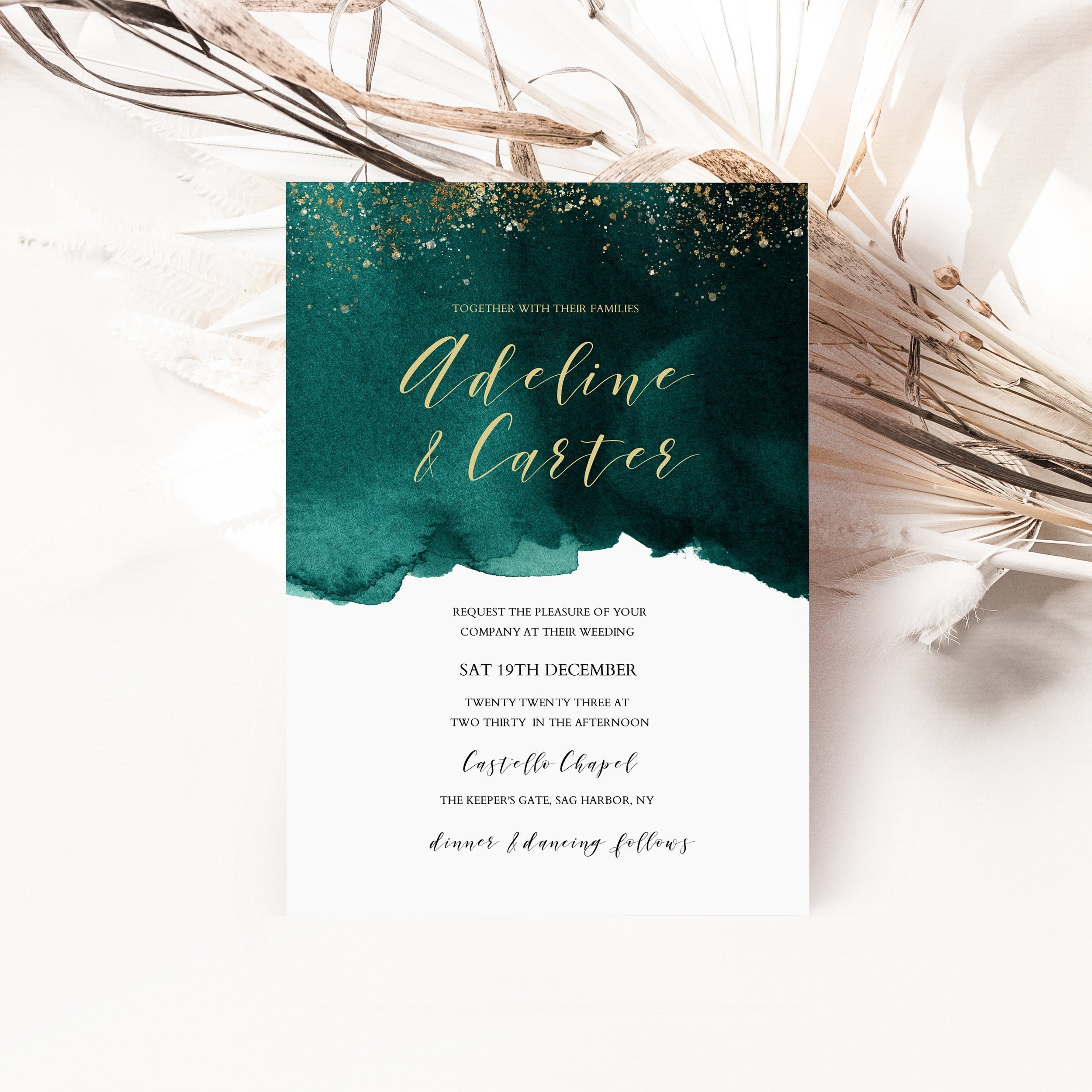 Emerald Green & Gold Wedding Invitation Template Editable - Etsy