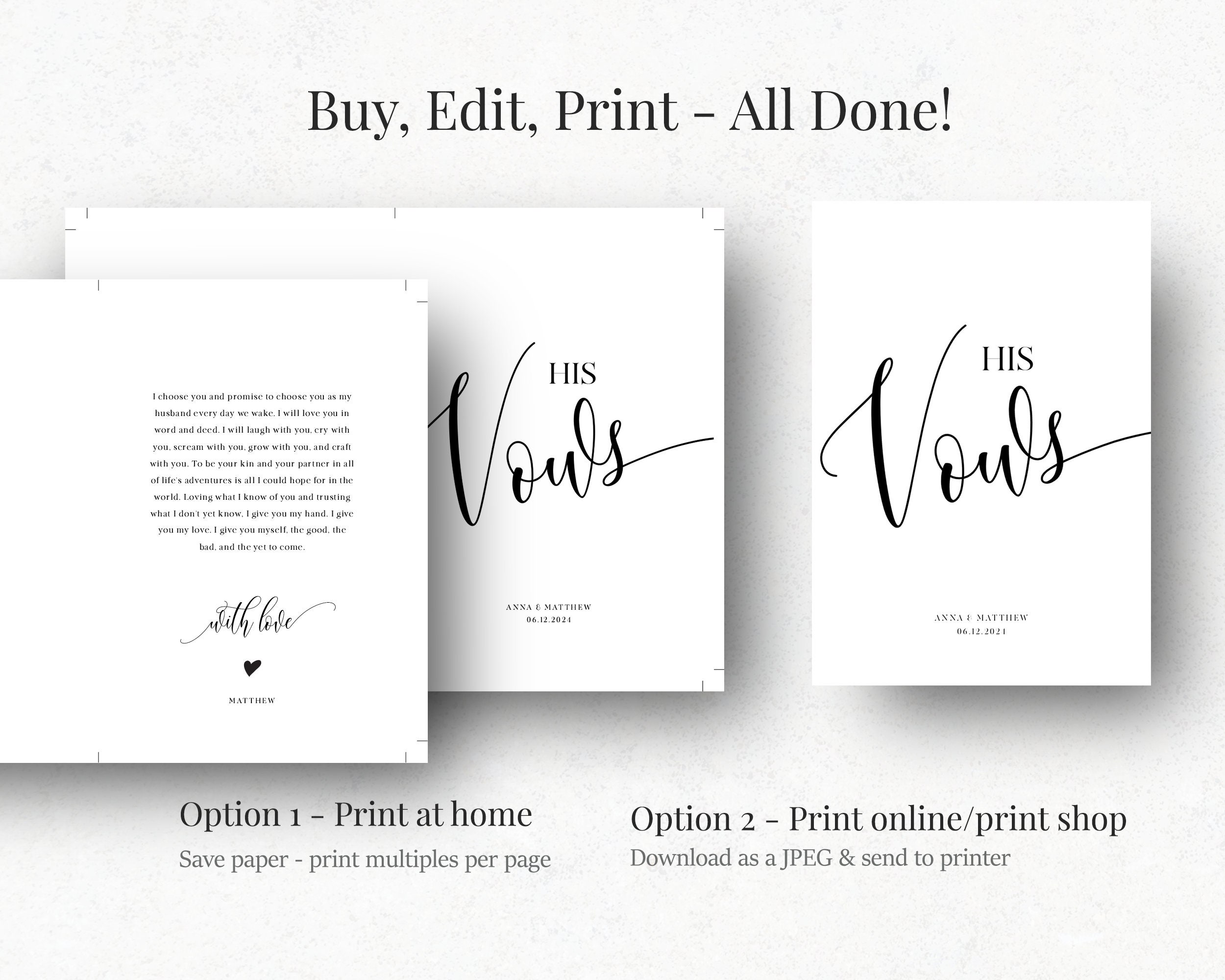 Wedding Vows Card Template Printable His and Her Vows | Etsy