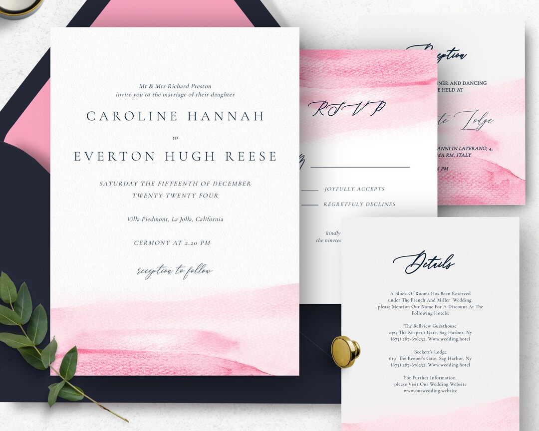 Baby Pink Wedding Invitation Set Printable Invitation Bundle - Etsy