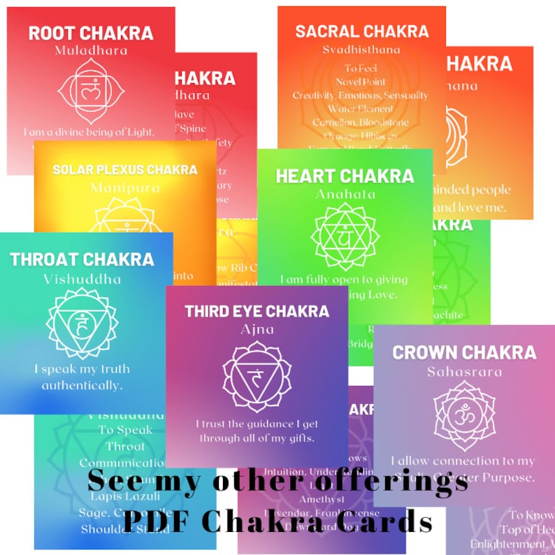 CHAKRA CARD Set, 7 Chakras Cards, Laminated or Non-laminated, Front and Back, Root, Sacral ...