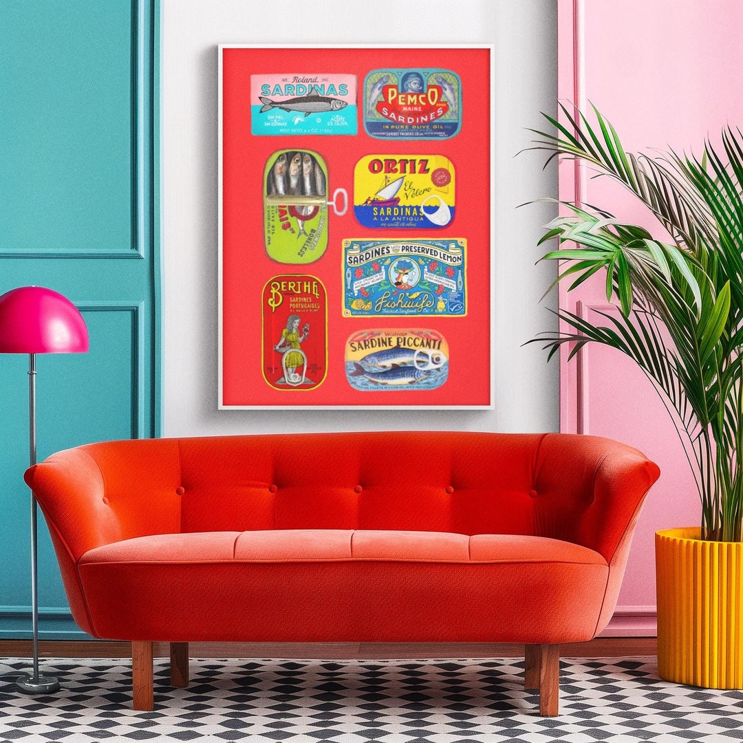 Red Sardine Wall Art, Retro Sardine Tins Art Print, Red Retro Kitchen ...