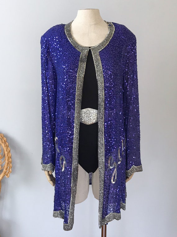 Vintage 80s Sequin Jacket Top Sheer Silk Blue Fit S -… - Gem