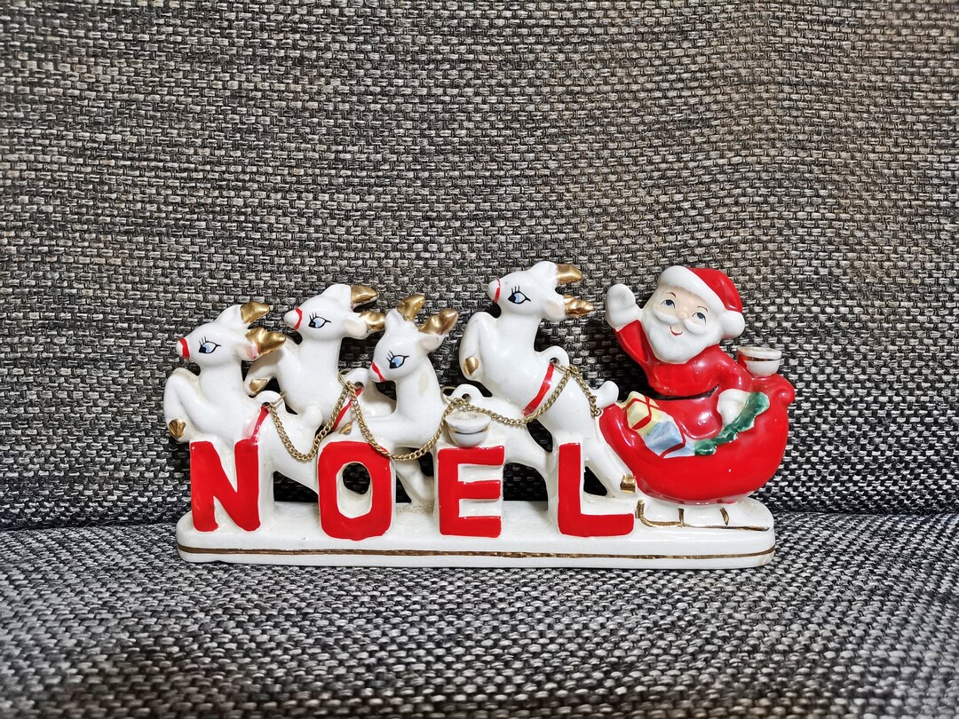 Vintage Cute Ceramic Lipper Mann Santa and Reindeer NOEL Candle Holder Elf Pixie Christmas ...