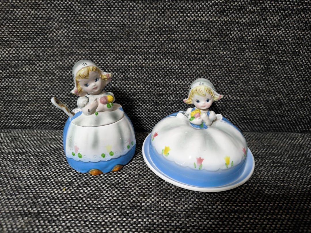 Vintage ESD Lefton Dutch Girl Butter Dish and Little Jar Japanese Blue ...
