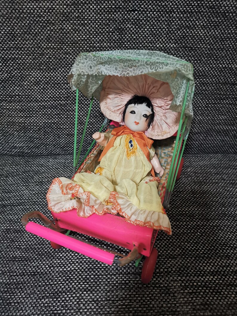 ANTIQUE SAKURA Bunka Japanese BISQUE Ichimatsu Baby Stroller Toys Doll ...