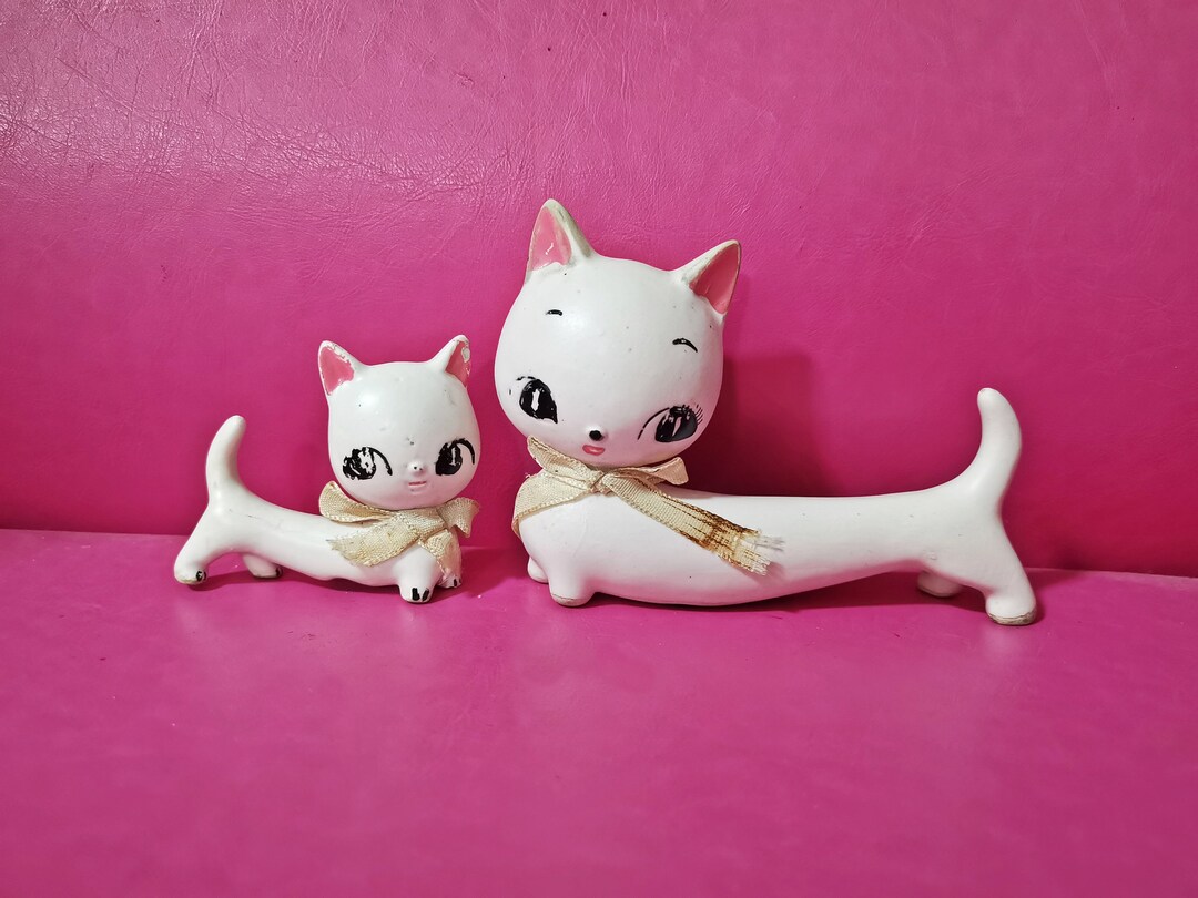 Vintage Japanese Animal Cat Ceramic Kitsch White Big Eye Long Body ...