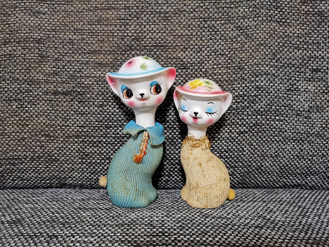 Vintage Kawaii Animal Kitsch Big Eye Kitty Ceramic Cat With Floral Hat ...
