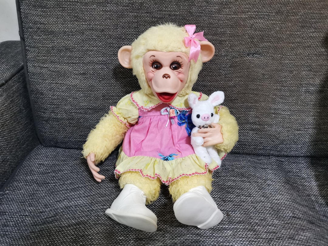 Vintage Stuffed Monkey Doll Rubber Face Yellow Monkey Rushton Plush ...