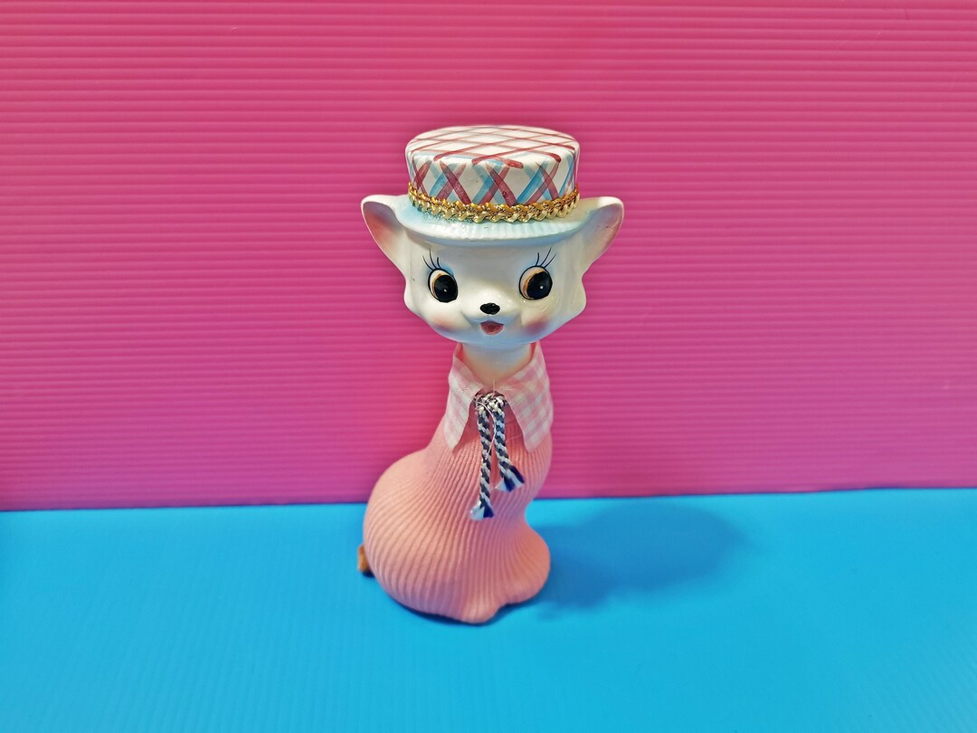 Vintage Cute Pastel Pink Cat Kawaii Animal Ceramic Kitsch Big Eye Long ...