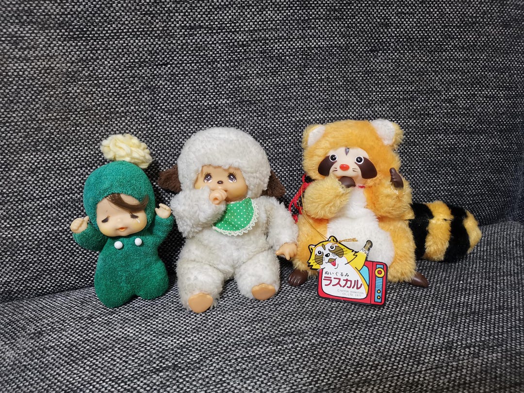 Vintage Stuffed Rubber Face Green Baby Sekiguchi and Monchhichi and Raccoon Monchhichi Japan ...