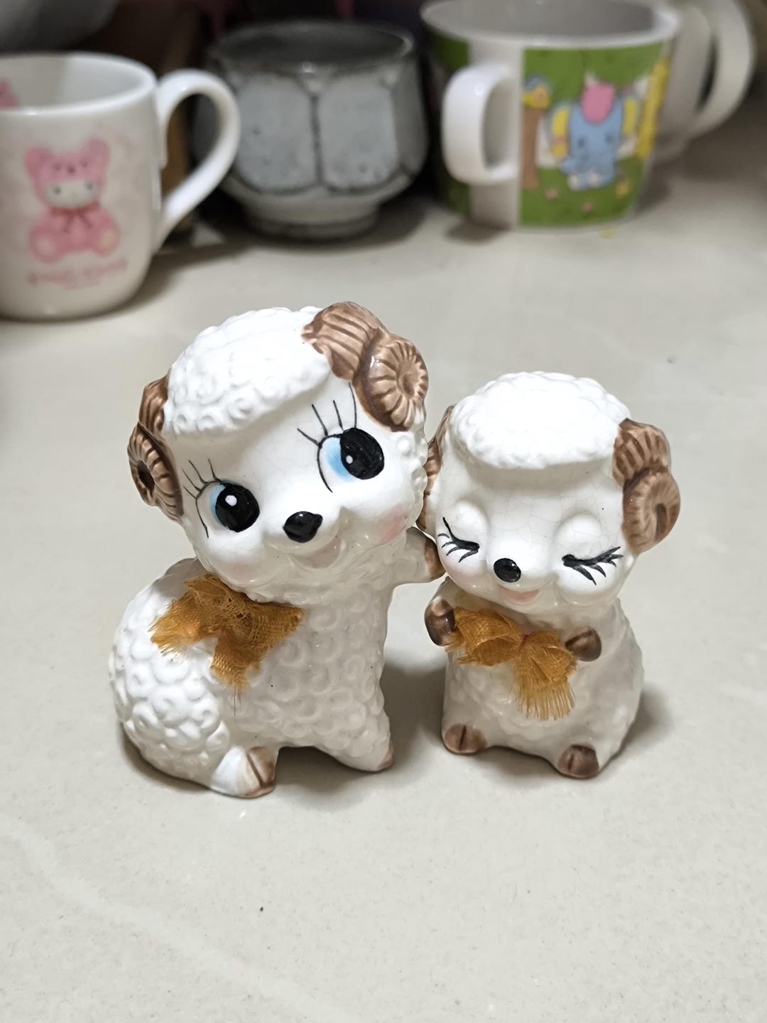 Vintage Ceramic Kitsch Kawaii Big Eye White Sheep Lover Figurines Japan ...