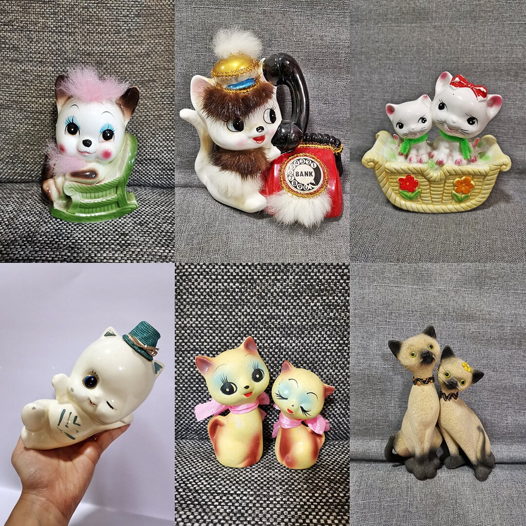 Vintage Japanese Ceramic Kitsch Kawaii Big Eye Kitty Cat Figurines ...
