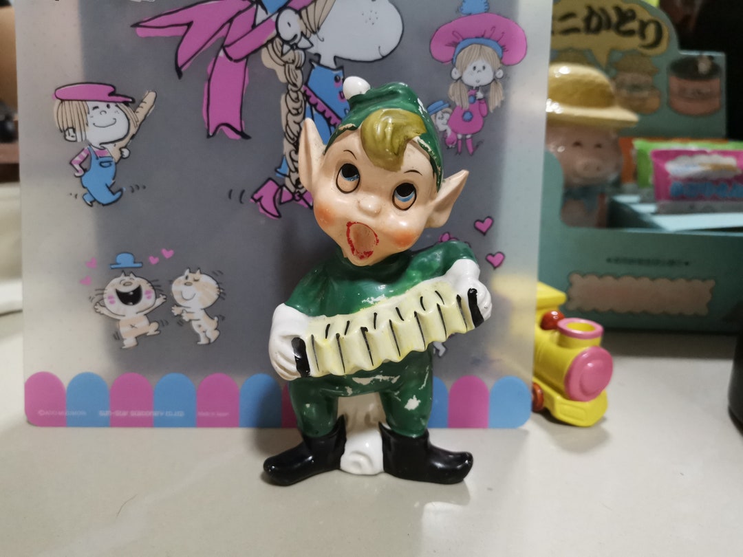 Vintage Ceramic Kitsch Big Eye Green Elf Playing the Accordion Pixie ...