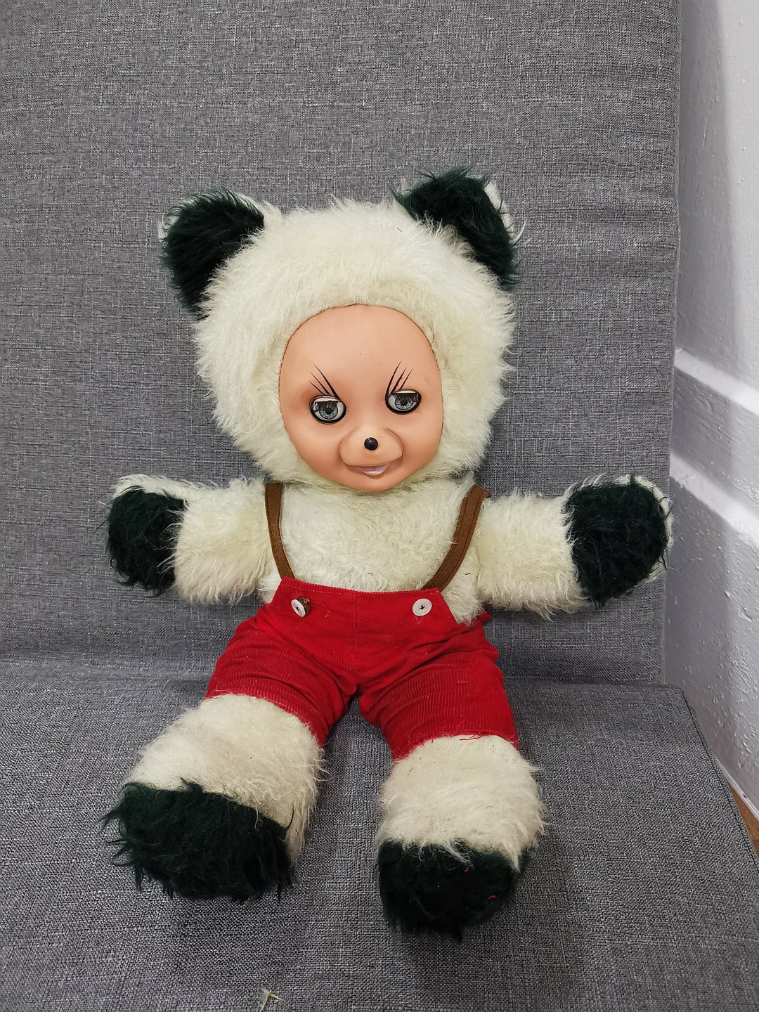 Vintage Stuffed Animal Blinking Bear Rubber Face Big Eye Bear Panda ...
