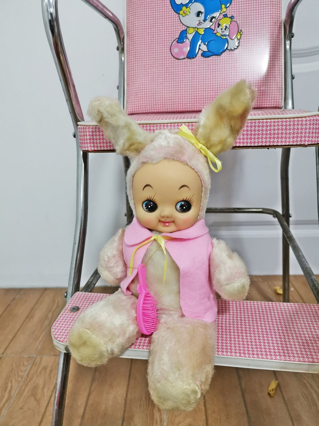 Vintage Easter Bunny Baby Doll Japanese Stuffed Animal Rubber Face Pink ...