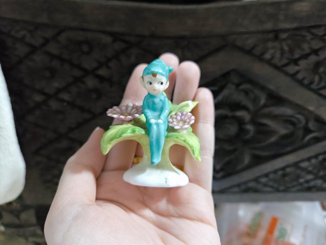 Vintage Cute Kawaii Ceramic Kitsch Big Eye Little Green Elf in Flower ...
