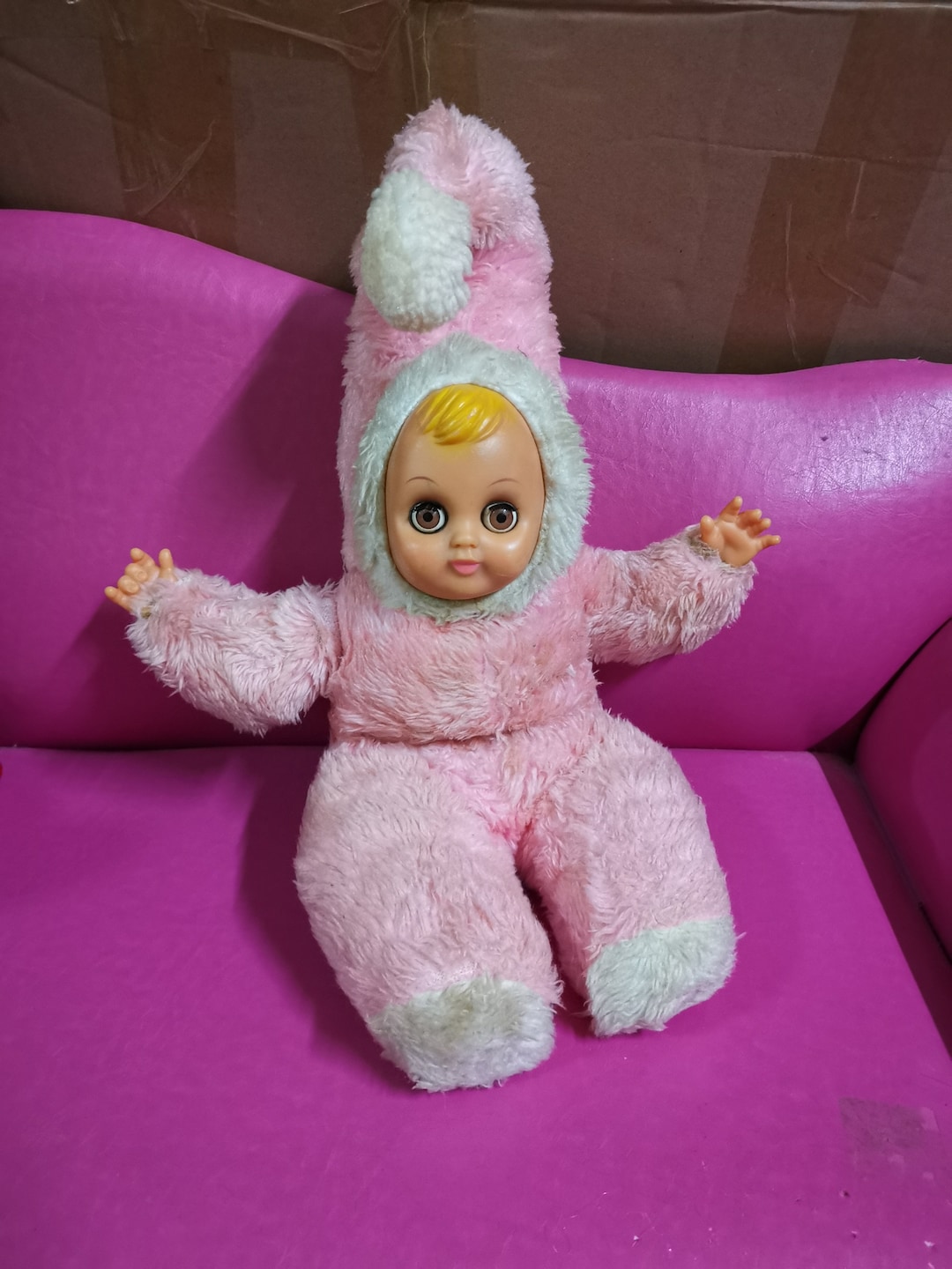 Vintage Cute Pink Baby Stuffed Rubber Face Big Eye Baby Elf Pixie Santa ...