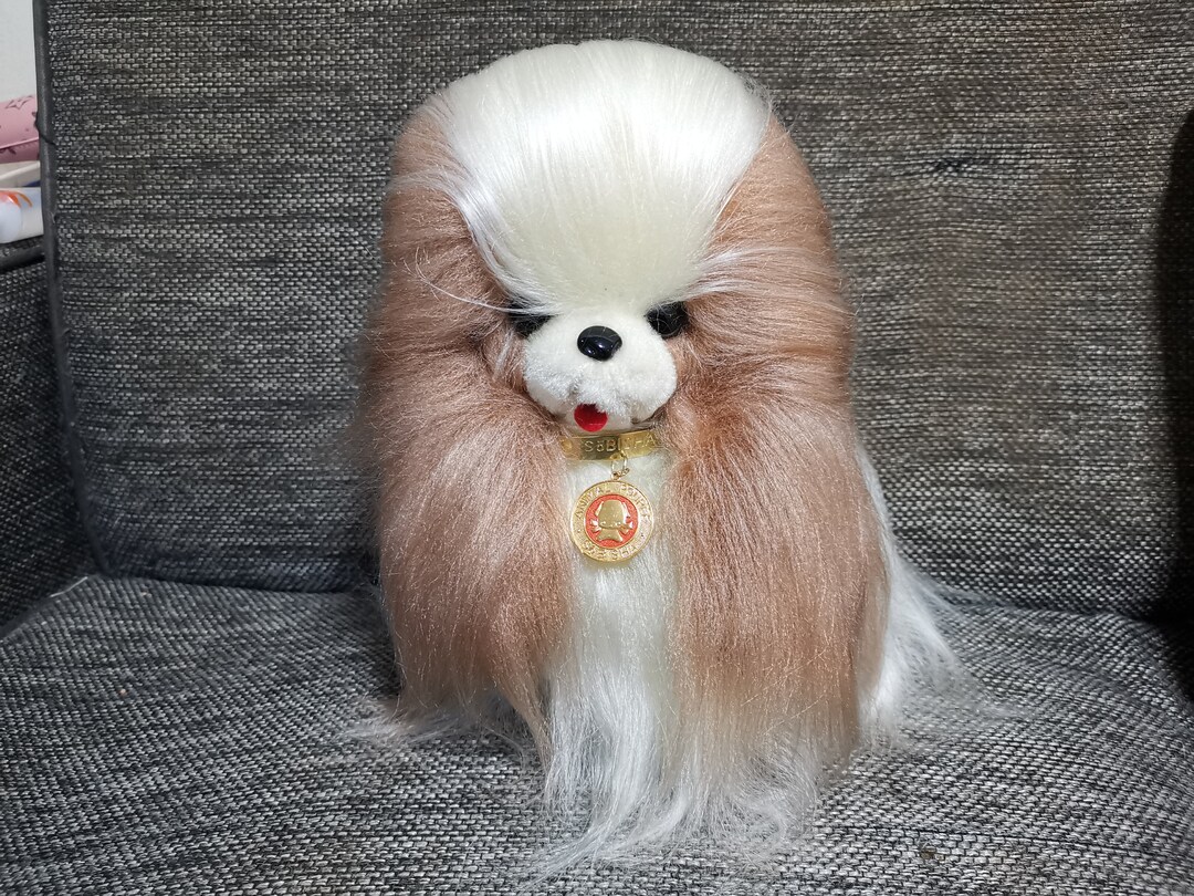 Vintage Stuffed Animal Fur White and Brow Big Eye Puppy Dog Doll Plush ...