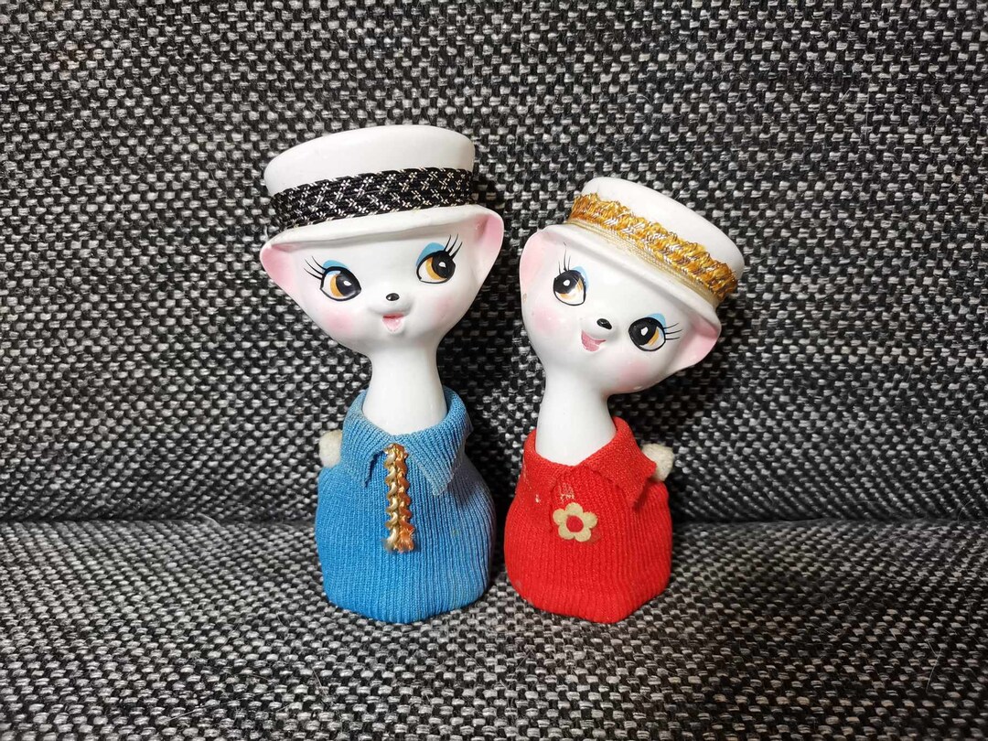 Vintage Cute Animal Ceramic Japanese Kitsch Big Eye Kitty Cat Wear ...