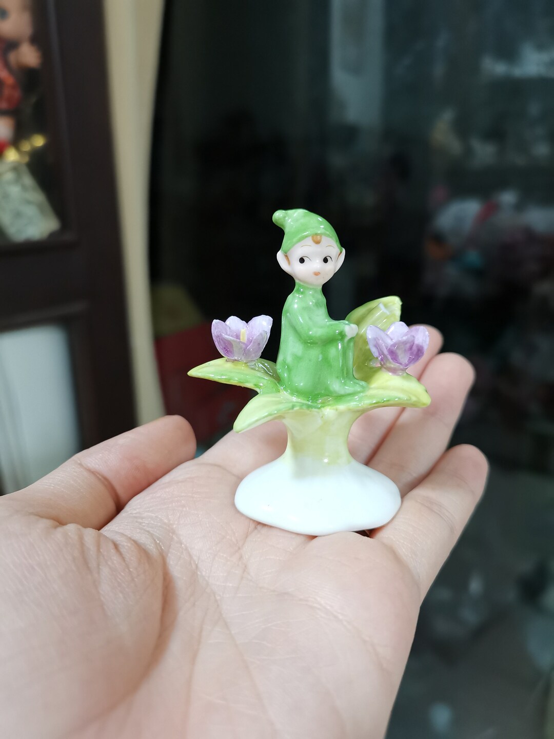 Vintage Cute Kawaii Ceramic Kitsch Big Eye Little Green Elf in Flower ...