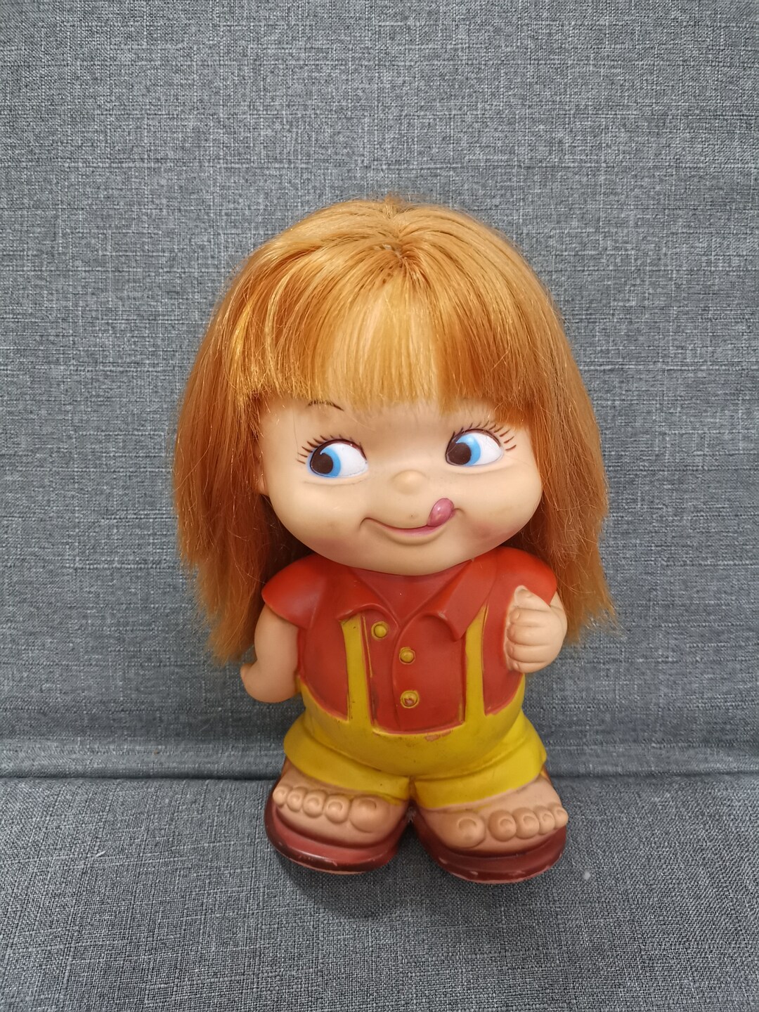 Vintage Japanese Kawaii Rubber Big Baby Doll With Tongue Happy Red Hair ...