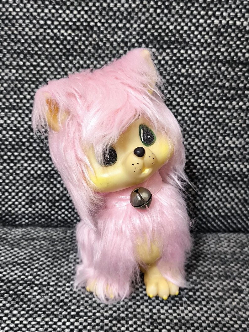 Vintage Rubber Kawaii Big Eye Pink Fur Kitty Toys Animal Cat With Pink ...