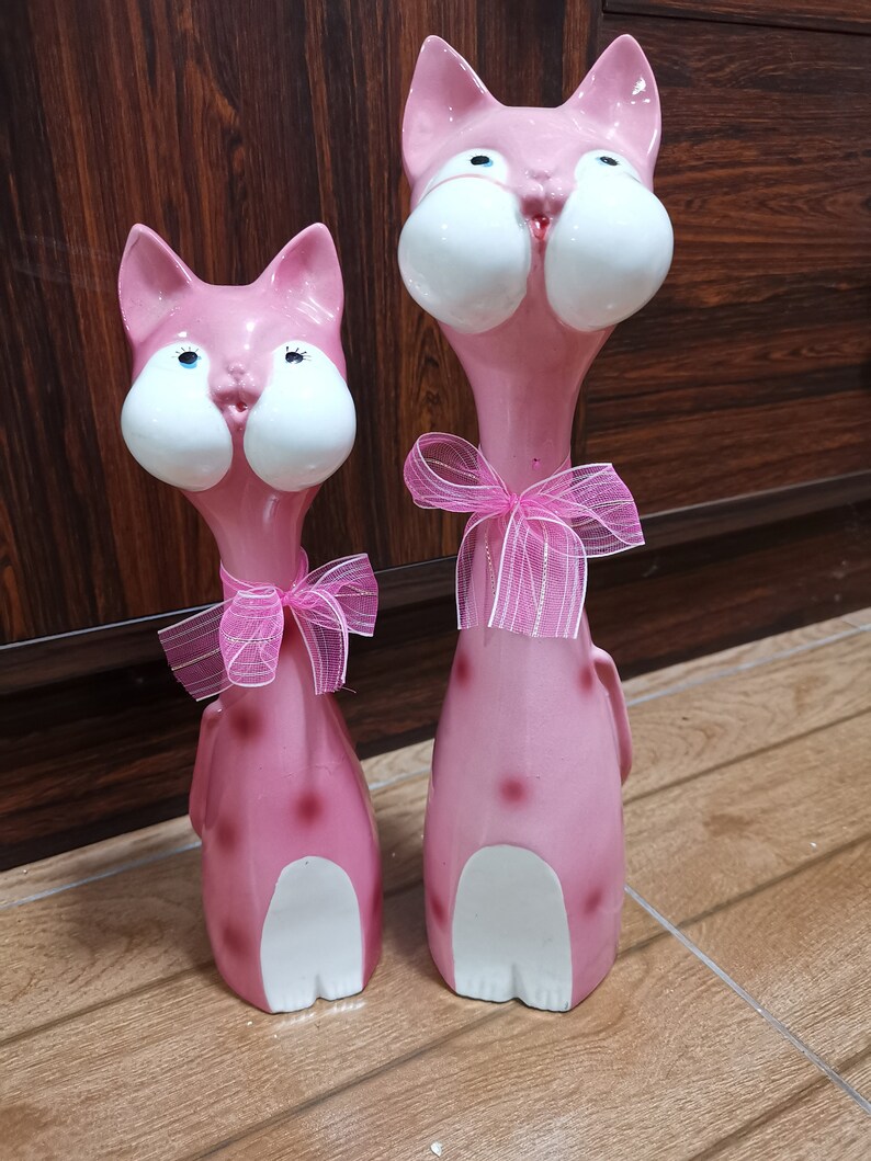 Vintage Ceramic Japanese Kawaii Kitsch Big Eye Pink Kitty Cat Figurines ...