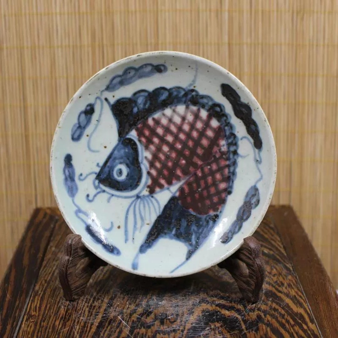 Chinese Old Ceramic Dish China Blue and White Underglaze Red Porcelain ...