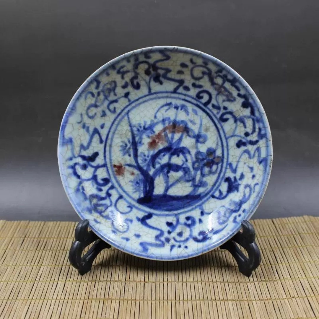 Chinese Old Ceramic Dish China Blue and White Underglaze Red Porcelain ...